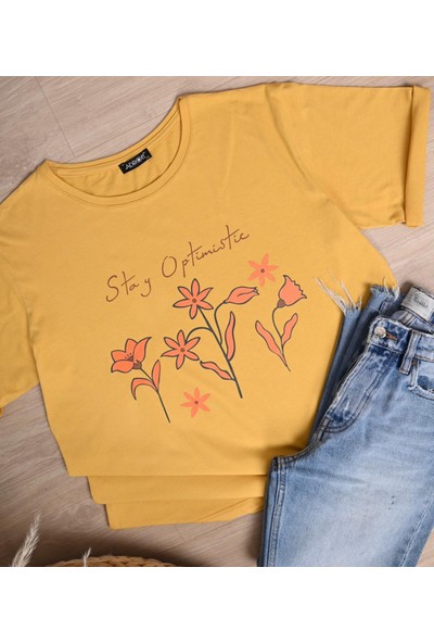 Koza Bisiklet Yaka Büyük Beden Baskılı Tshirt 9905