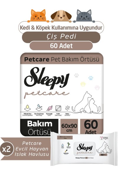 Sleepy Petcare 2X30 Adet Pet Bakım Örtüsü + 2X60 Evcil Hayvan Islak Havlusu Sleepy Petcare 2X30 Adet Pet Bakım Örtüsü + 2X60 Evcil Hayvan Islak Havlusu