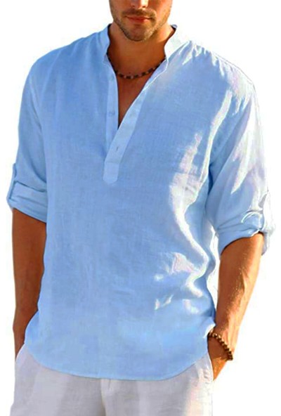 Lanbo Erkek Keten Uzun Kollu Gömlek Açık Mavi (Yurt Dışından)