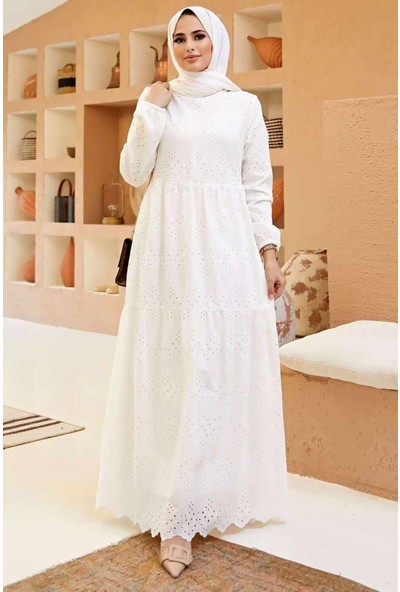 Lugmo Güpürlü Elbise Boydan Astarlı Pamuk Kumaş Beyaz