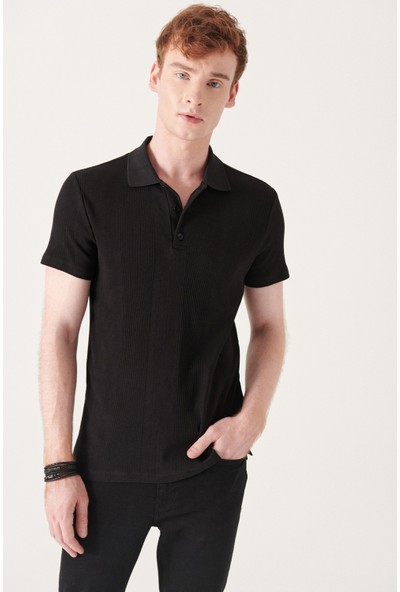 AVVA Erkek Siyah Polo Yaka Jakarlı T-Shirt A21Y1141