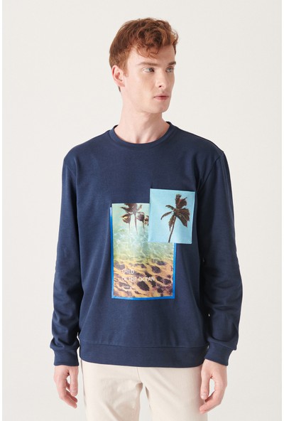 AVVA Erkek Lacivert Bisiklet Yaka Baskılı ve Cepli Sweatshirt A21Y1250