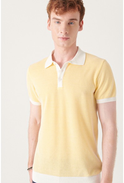 AVVA Erkek Sarı Polo Yaka Jakarlı Kısa Kol Kazak A21Y5204 AVVA Erkek Sarı Polo Yaka Jakarlı Kısa Kol Kazak A21Y5204