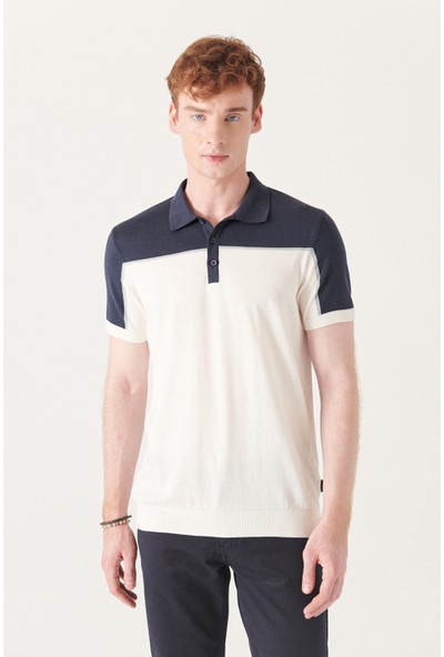 AVVA Erkek Lacivert Polo Yaka Panolu Kısa Kol Kazak A21Y5205