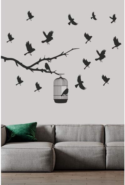 trc trafik Kafesten Kaçan Kuşlar Dekoretif Duvar Sticker Siyah Figür 13'lü