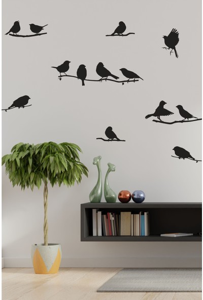 trc trafik Dalda Kuşlar Dekoratif Duvar Sticker Siyah Figür 8'li