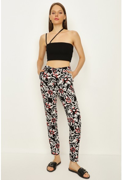 Select Moda Kadın Siyah Desenli Rahat Kesim Pantolon Select Moda Kadın Siyah Desenli Rahat Kesim Pantolon