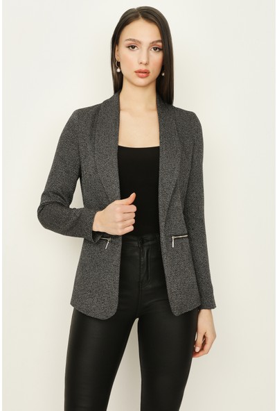 Select Moda Kadın Siyah Balık Sırtı Desenli Şal Yaka Ceket Select Moda Kadın Siyah Balık Sırtı Desenli Şal Yaka Ceket