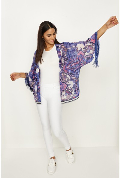 Select Moda Kadın Mavi Desenli Püsküllü Kimono Select Moda Kadın Mavi Desenli Püsküllü Kimono