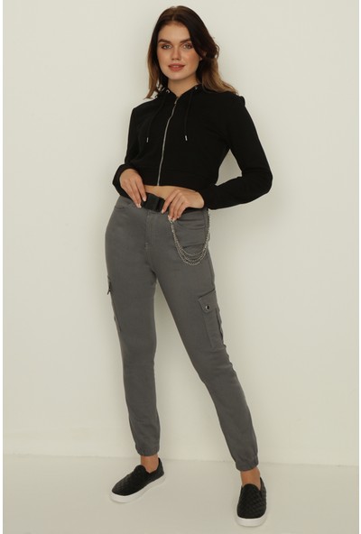 Select Moda Kadın Gri Kemerli Zincir Detaylı Paçası Lastikli Kargo Pantolon Select Moda Kadın Gri Kemerli Zincir Detaylı Paçası Lastikli Kargo Pantolon