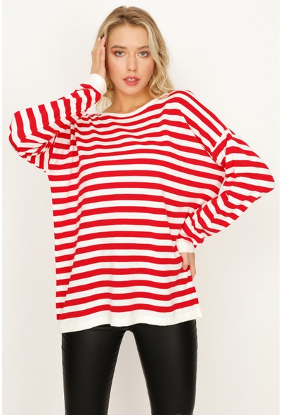 Select Moda Kadın Beyaz Pembe Çizgili Basic Triko Select Moda Kadın Beyaz Pembe Çizgili Basic Triko