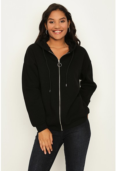 Select Moda Kadın Siyah Kapüşonlu Fermuarlı Basic Sweatshirt Select Moda Kadın Siyah Kapüşonlu Fermuarlı Basic Sweatshirt