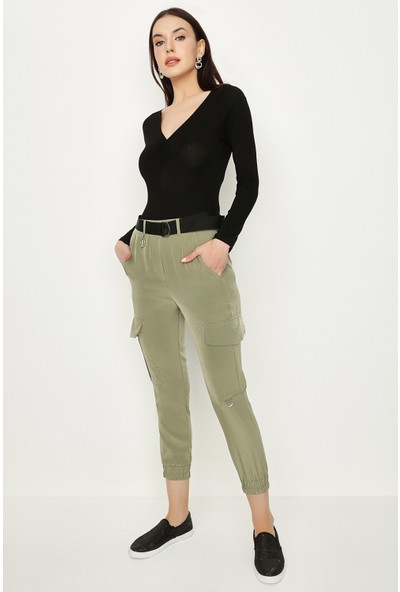 Select Moda Kadın Haki Basic Paçası Lastikli Kargo Pantolon Select Moda Kadın Haki Basic Paçası Lastikli Kargo Pantolon