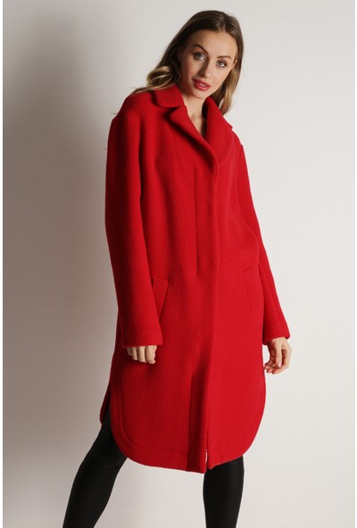 Select Moda Kadın Kırmızı Çıtçıt Kapamalı Yünlü Uzun Kaban