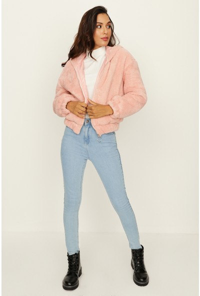 Select Moda Kadın Pembe Kapüşonlu Peluş Mont