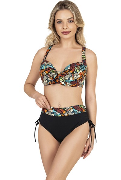 Endeep Kadın Büyük Beden Balenli Kahverengi Desenli Bikini Takımı