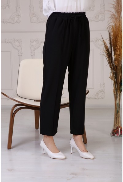 İlmek Siyah Kadın Beli Lastikli Cepli Düz Paça Pantolon