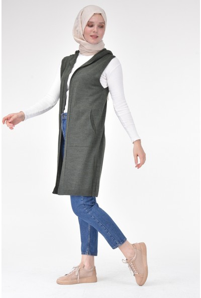 Kadın Kahverengi Kapüşonlu Çift Cepli Uzun Yelek 4299 Kadın Kahverengi Kapüşonlu Çift Cepli Uzun Yelek 4299