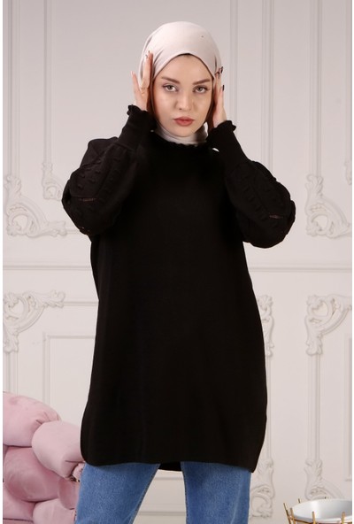 İlmek Kadın Gri Kolu Desenli Büzgülü Triko Kazak İlmek Kadın Gri Kolu Desenli Büzgülü Triko Kazak