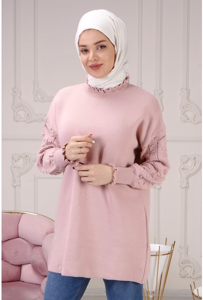 İlmek Kadın Gri Kolu Desenli Büzgülü Triko Kazak İlmek Kadın Gri Kolu Desenli Büzgülü Triko Kazak