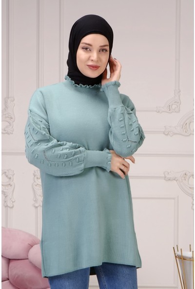 İlmek Kadın Gri Kolu Desenli Büzgülü Triko Kazak İlmek Kadın Gri Kolu Desenli Büzgülü Triko Kazak