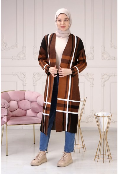 İlmek Siyah Kadın Desenli Triko Uzun Hırka