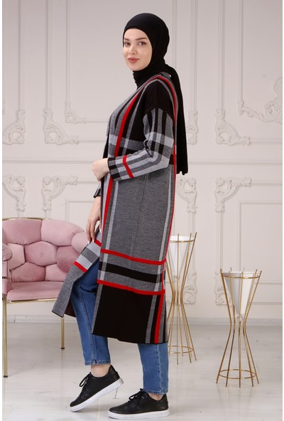 İlmek Siyah Kadın Desenli Triko Uzun Hırka