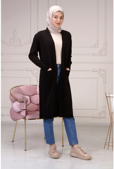 Pudra Kadın Düz Çift Cepli Triko Uzun Tesettür Hırka - 4294