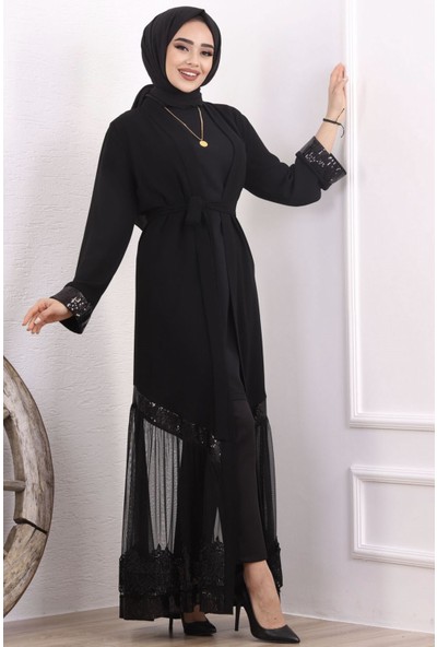 Beray Etek Ucu Dantelli Payet Geçişli Abaya-Siyah