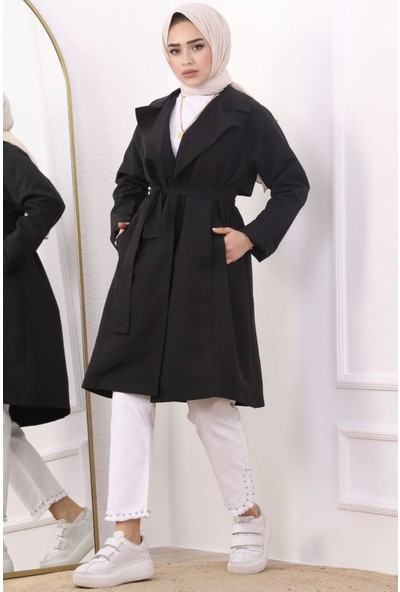 First Angeles Seyyar Kuşaklı Bağlama Trençkot-Siyah