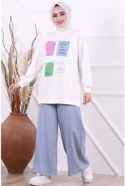 İkoll Renkli Baskı ve Taşlı S-Shirt-Ekru