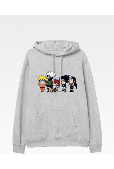 Bpm Naruto Mini Karakter Gri Kapşonlu Sweatshirt - Hoodie