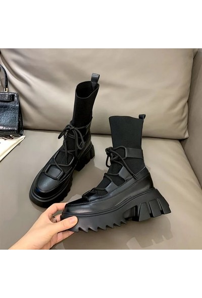 Teos Shoes Siyah Dalgıç Kumaş Kalın Tabanlı Kadın Bot