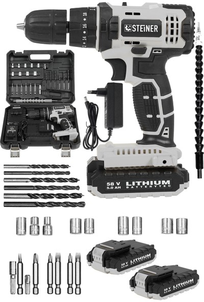 Steiner Alman Sta 58 V 5 Ah Darbeli Çift Akülü Metal Dişli Şanzuman Şarjlı Vidalam Matkap + 24 Parça Set Steiner Alman Sta 58 V 5 Ah Darbeli Çift Akülü Metal Dişli Şanzuman Şarjlı Vidalam Matkap + 24 Parça Set