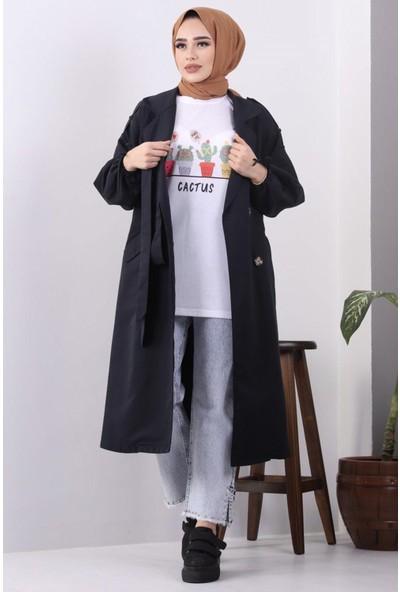 Henza Kolu Bağlcıkllı Trençkot-Siyah