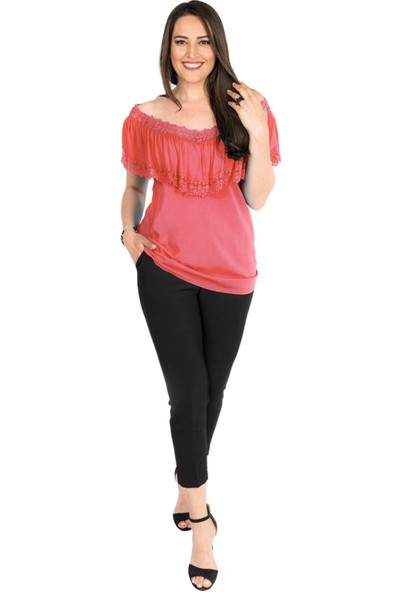 Zer Otantik Zerotantik Fırfırlı Dantel Yaka Büyük Beden Bluz Mercan