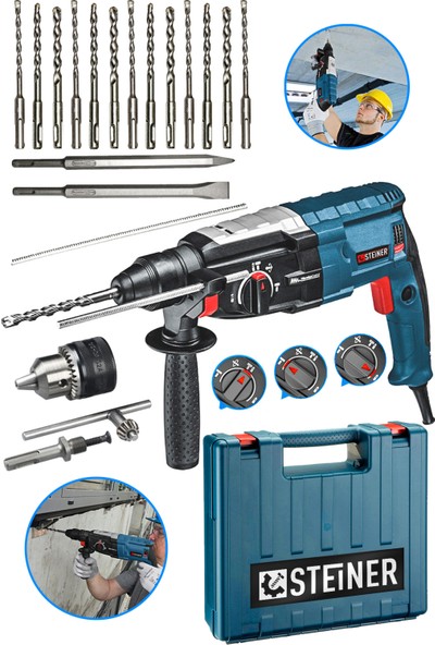 Steiner Alman 4000 Watt Profesyonel Kırıcı Delici Darbeli Matkap Gri + 15 Adet Uç + Mandren Steiner Alman 4000 Watt Profesyonel Kırıcı Delici Darbeli Matkap Gri + 15 Adet Uç + Mandren