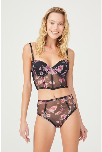 Cansoy Carmen Çiçek Korse Siyah Bralet Sütyen Takımı