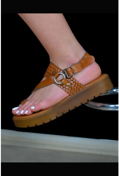 Shoecide Kadın Sandalet Deri Baskılı Taba Ortopedik Shoecide Kadın Sandalet Deri Baskılı Taba Ortopedik