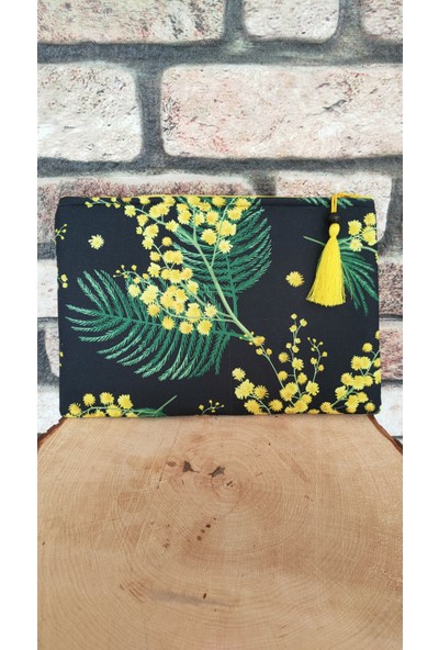 Tataroğlu Dijital Kumaş Siyah Zemin Sarı Çiçek Portföy Clutch Çanta