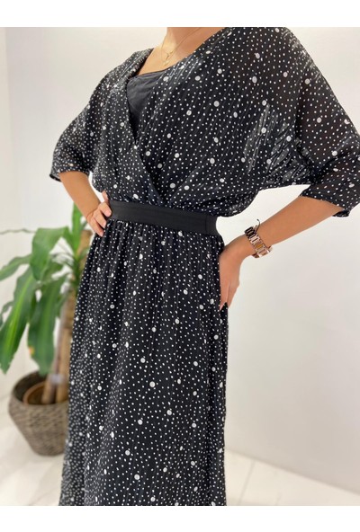Bena Labena Siyah Üzeri Puantiyeli Kruvaze Kadın Uzun Elbise