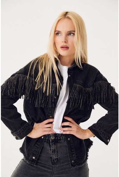 FullaModa Püskül Detaylı Yıkamalı Jean Ceket FullaModa Püskül Detaylı Yıkamalı Jean Ceket