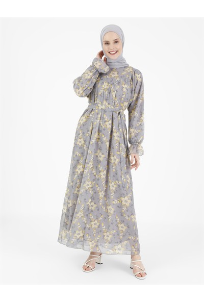 Refka Çiçek Desenli Elbise - Gri - Refka Casual