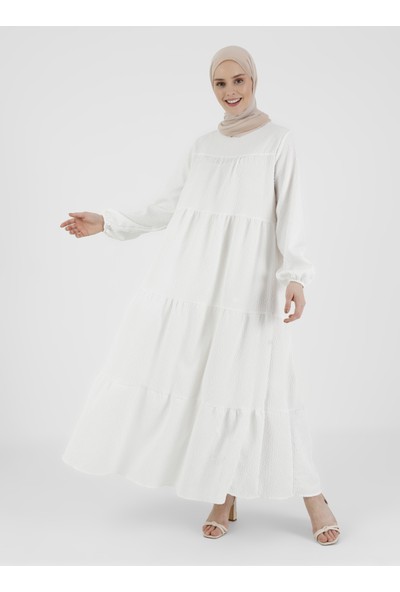 Refka Kol Uçları Lastikli Elbise - Off White - Refka Casual