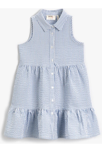 Koton Çizgili Elbise Midi Gömlek Yaka Kolsuz Volanlı Düğmeli