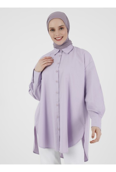 Refka Yanları Yırtmaçlı Oversize Poplin Tunik - Lila - Refka Basic Refka Yanları Yırtmaçlı Oversize Poplin Tunik - Lila - Refka Basic