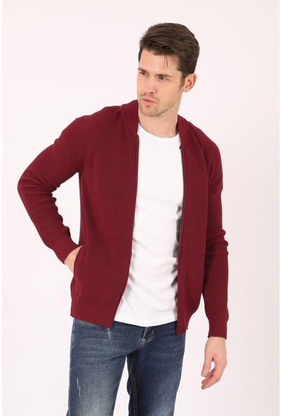 Figo Erkek Fermuarlı Triko Hırka Bordo
