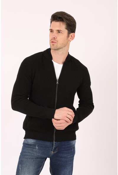 Figo Erkek Fermuarlı Triko Hırka Siyah