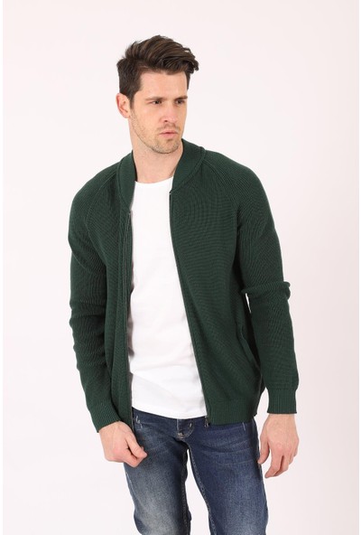 Figo Erkek Fermuarlı Triko Hırka Yeşil