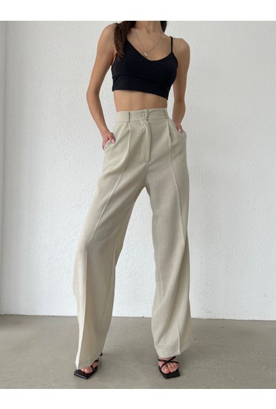 Taş Rengi Keten Palazzo Pantolon
